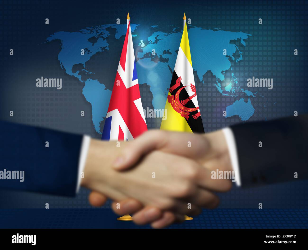 Two people shaking hands in front of Brunei and UK flags Stock Photo ...