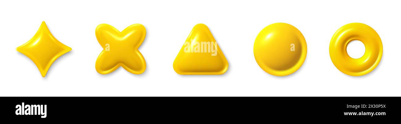 Stars, triangle, circle glossy elements. Set of yellow different 3d ...