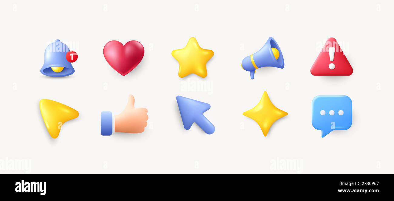 Set of 3d elements. Speaker, heart and star icon. Reminder bell ...