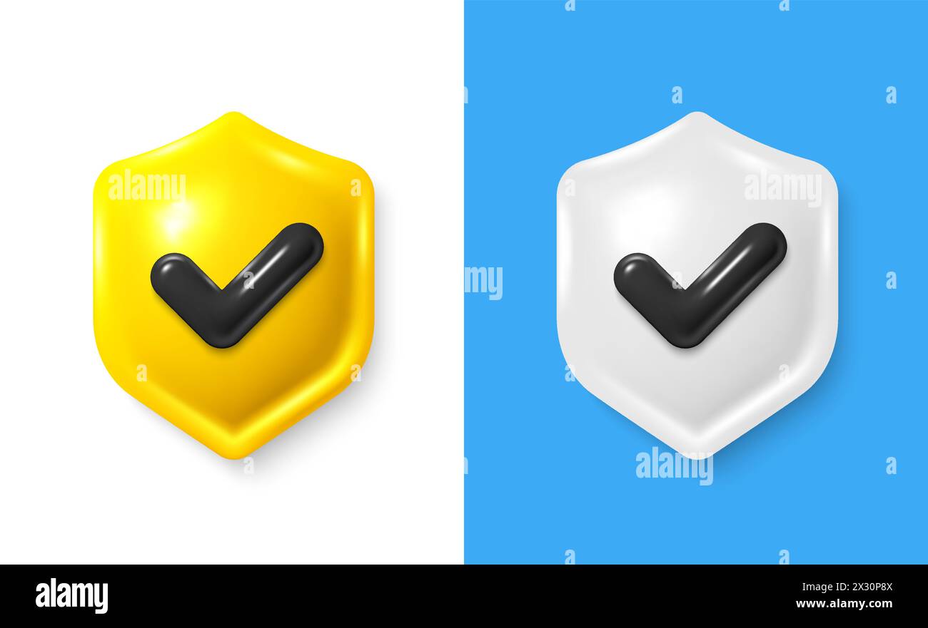 Shield 3d icon with checkmark. Approval mark on shield symbol. Protection, safety defense, 3d ...