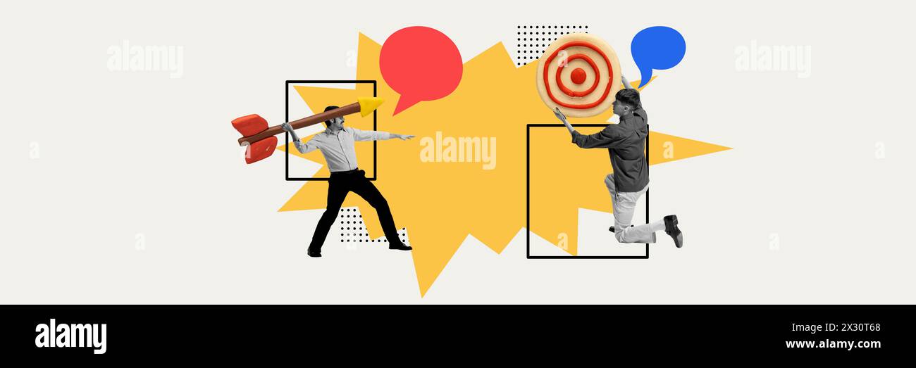 Man aiming arrow into target. Contemporary art collage. Targeted ...