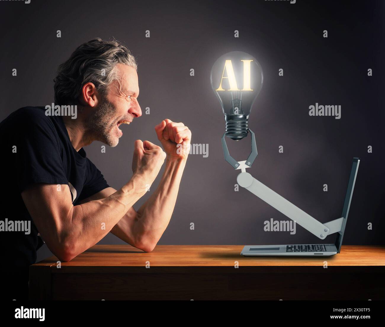 Man tries to defend himself against the AI, Man with laptop from which ...