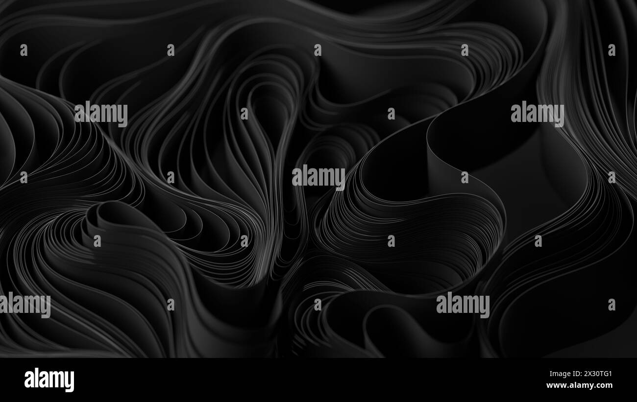 Black layers of cloth or paper warping. Abstract fabric twist. 3d ...