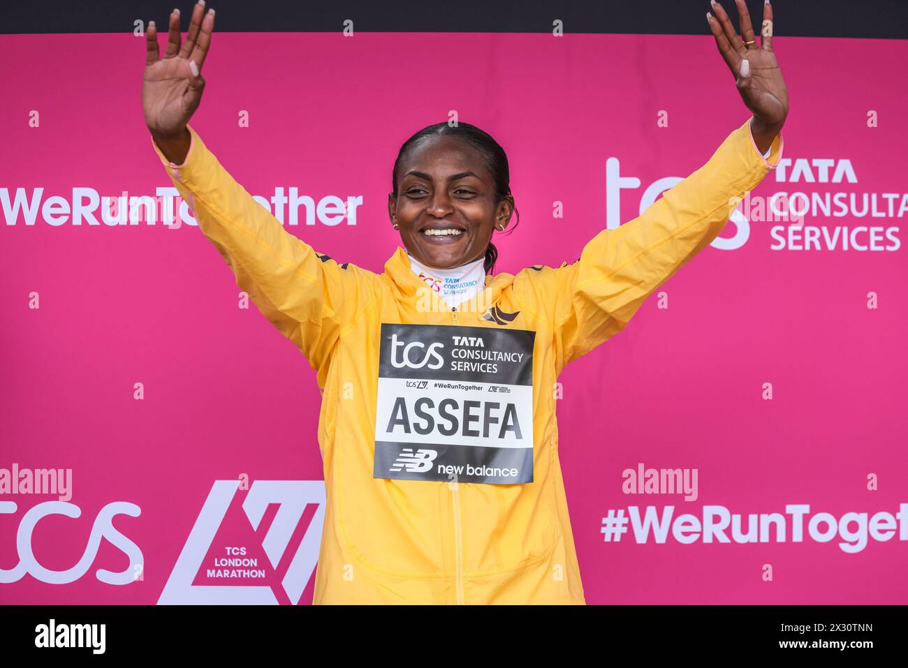 Tigst Assefa, Ethiopia, 2nd placed London Marathon 2024, smiling, medal ...