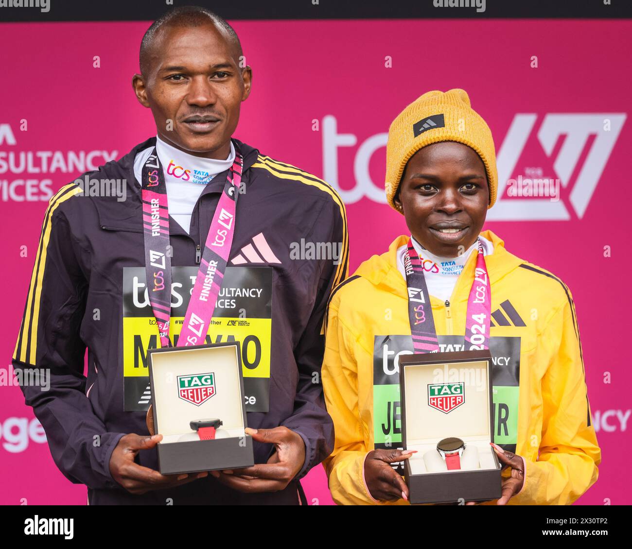 Alexander Mutiso Munyao, London Marathon men's winner , Peres Jepchirchir, women's winner, medal ...