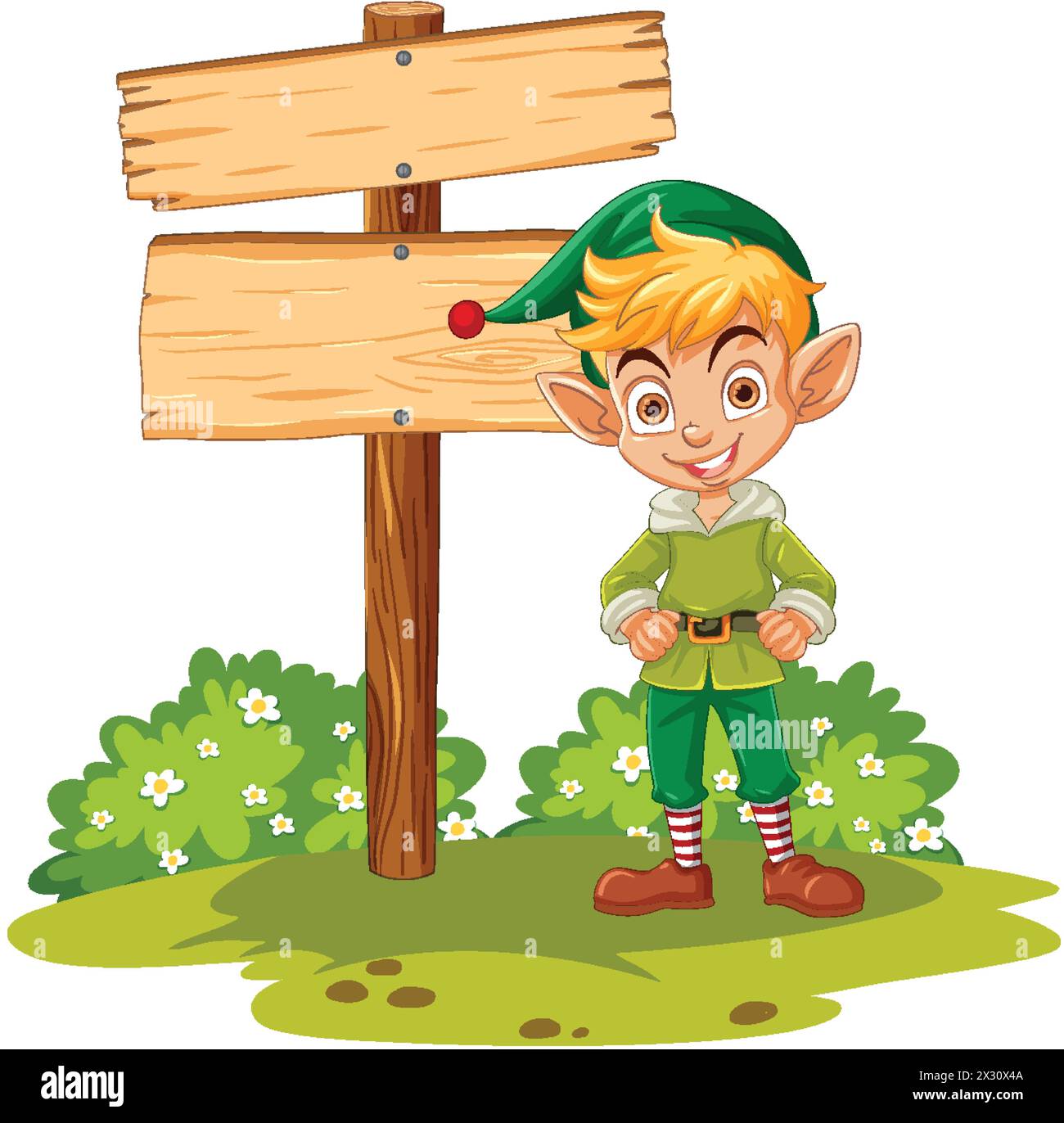 Smiling elf character standing next to a sign Stock Vector Image & Art ...