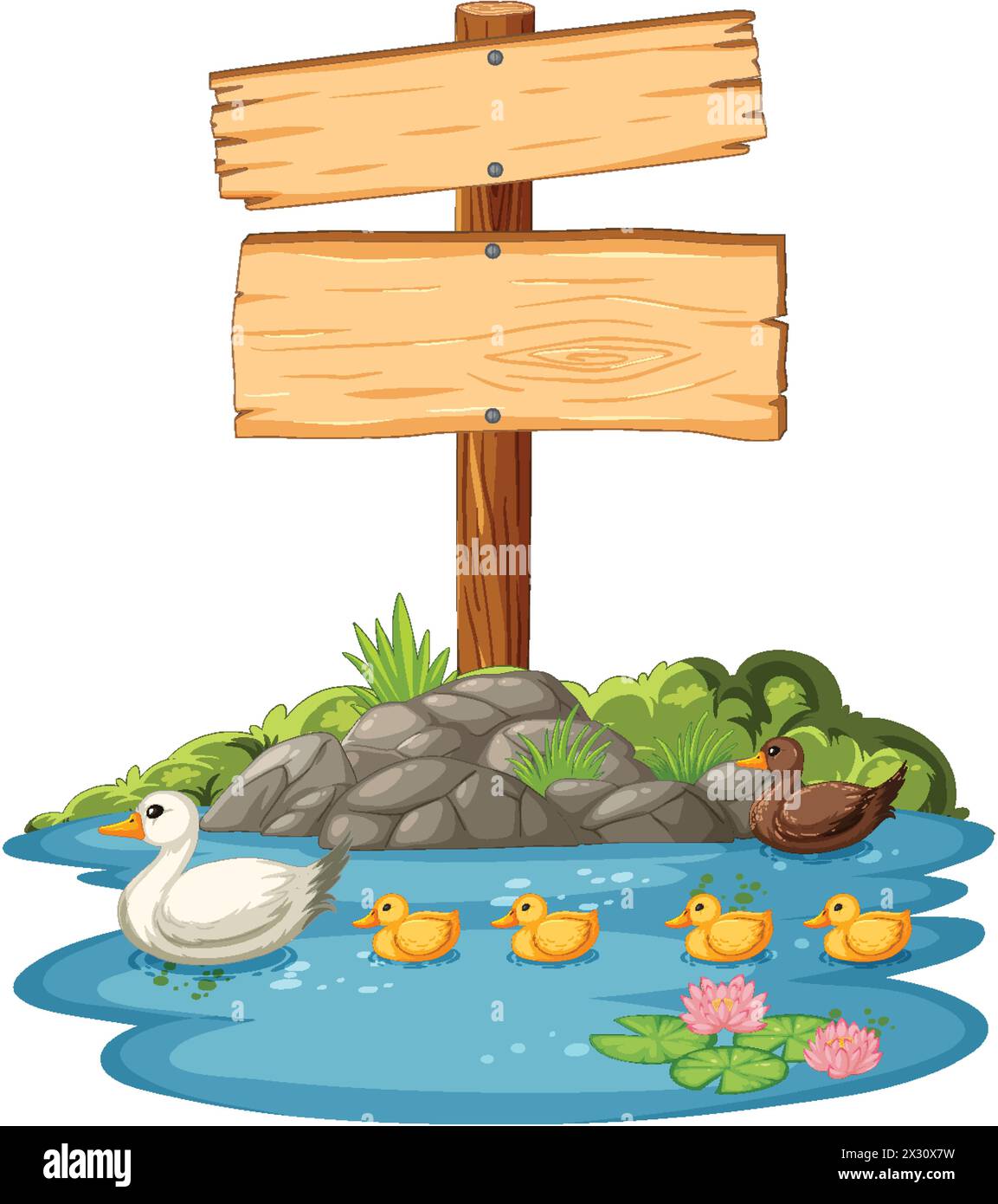 Ducks and signpost beside a tranquil pond Stock Vector Image & Art - Alamy