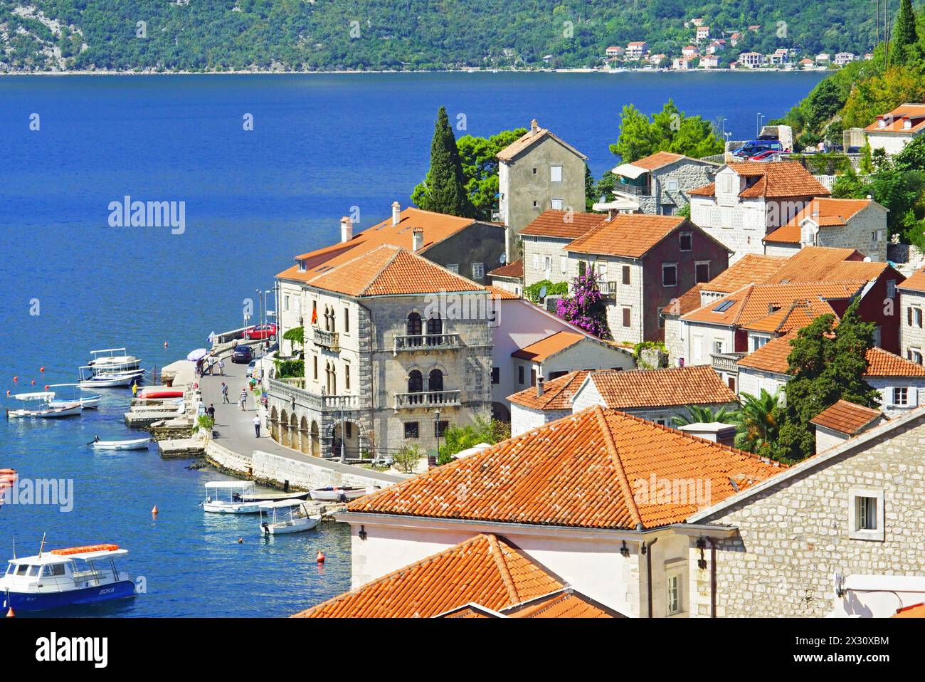 Top view of the western tip of Perast with the building of the city ...