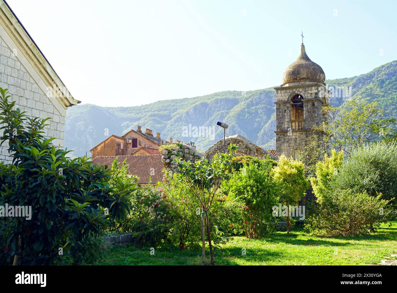 The bell tower of the Church of St. Clare in the Old Town of Kotor ...