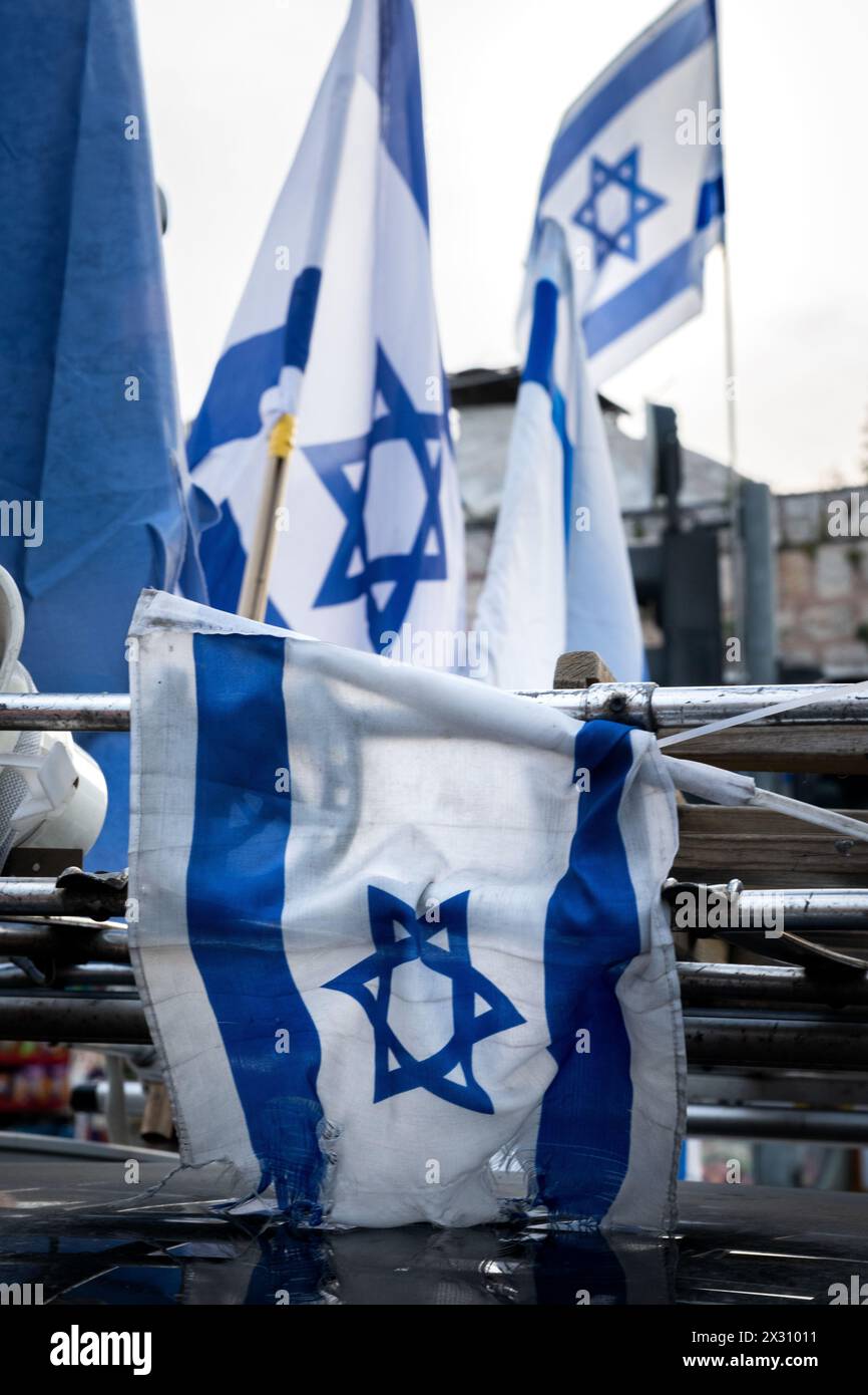 Israeli flags on display and fluttering in the wind during the ...