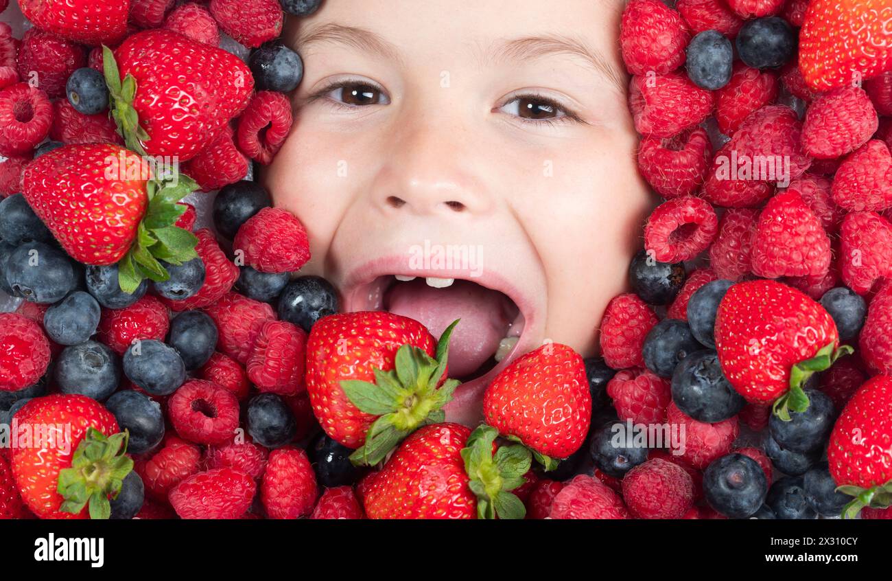 Healthy food for kids. Berries mix of strawberry, blueberry, raspberry ...