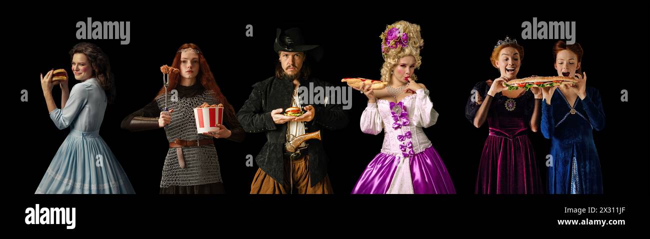 Collage made of people dressed like different medieval royal persons ...