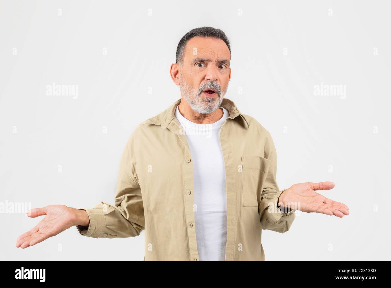 Man Standing With Hands Outstretched, Feeling Confused Stock Photo - Alamy