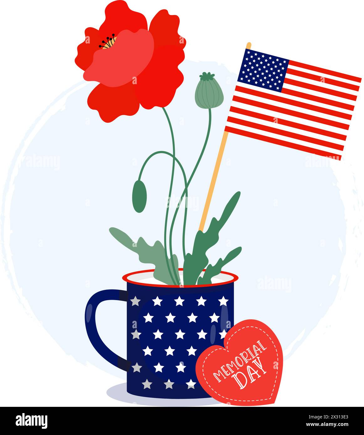 Memorial Day congratulation card. American flags in cup with red poppy ...