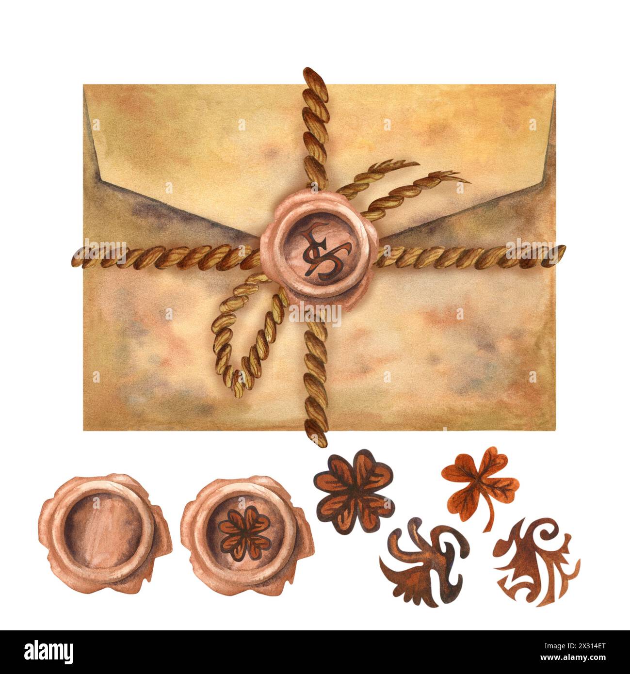 Old vintage mail envelope of beige parchment paper tied with a brown ...