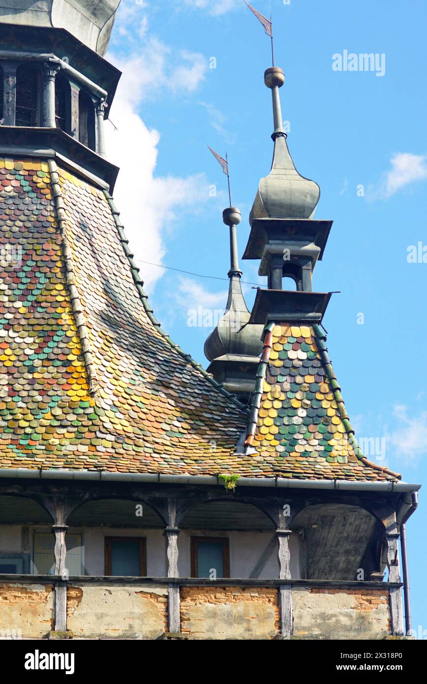 The upper part of the famous Clock Tower of the Romanian city of ...