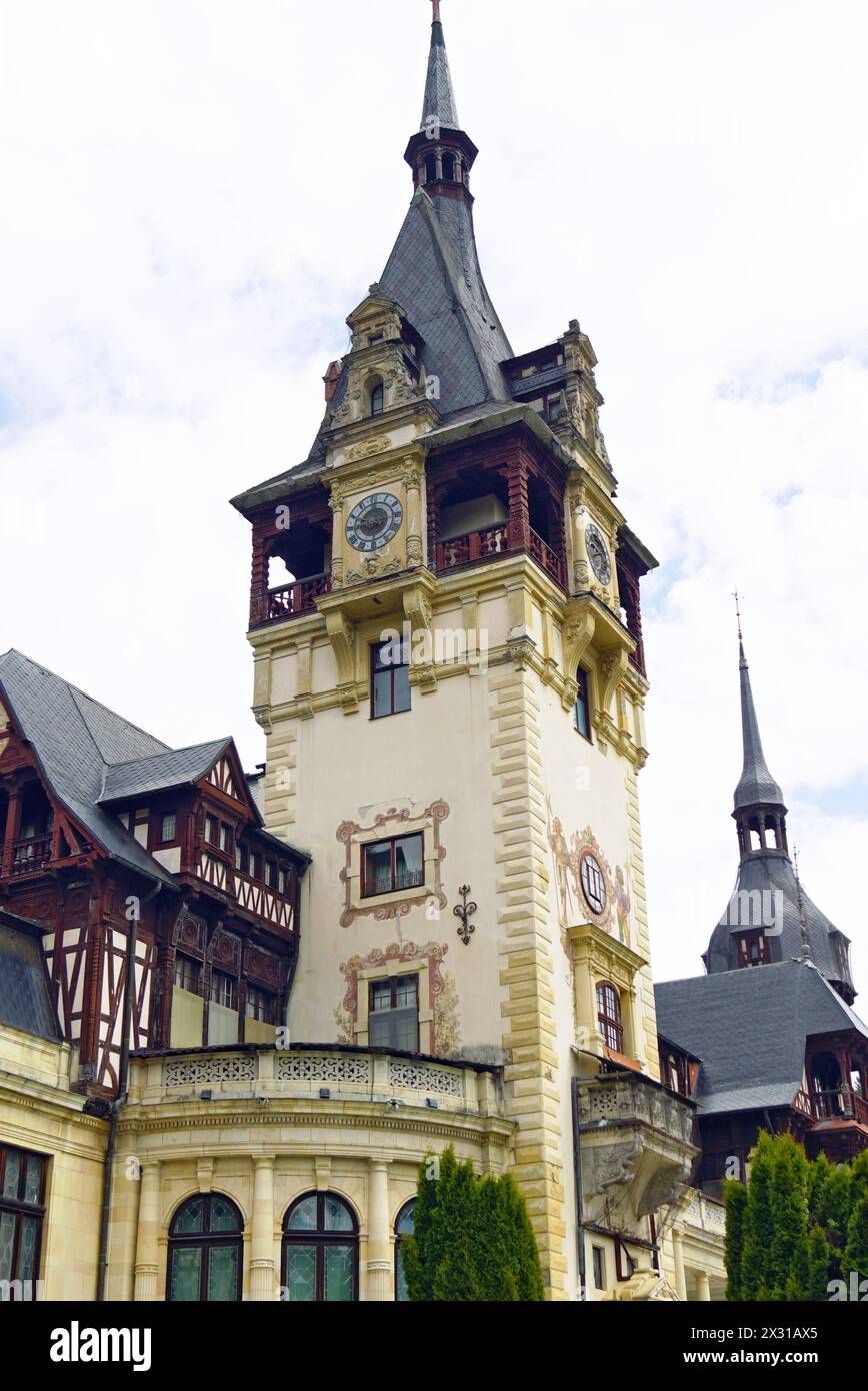 Towers of the Royal Peles Castle - a famous landmark of Romania Stock ...