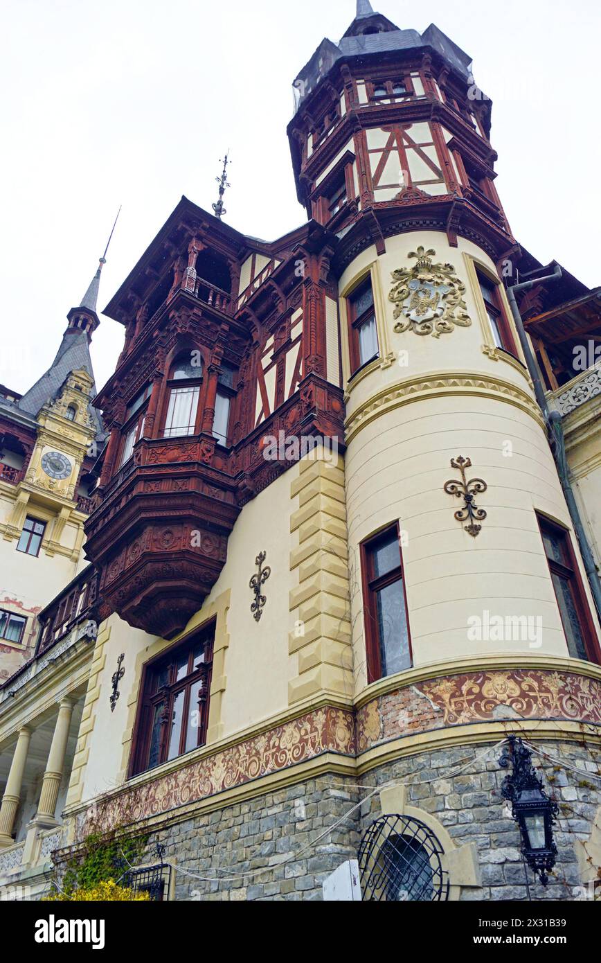 View from bottom to top of the towers of Peles Castle - the ...