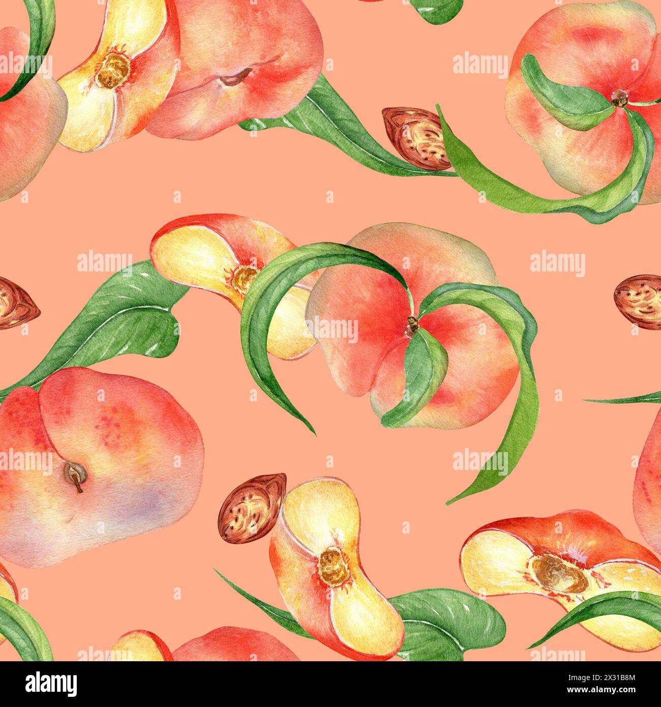Chines fig peaches and leaves watercolor seamless pattern isolated on ...