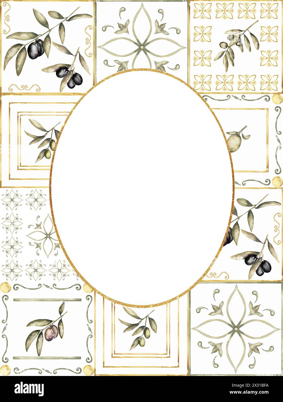 Watercolor tiles frame with olives branch illustration Stock Photo - Alamy