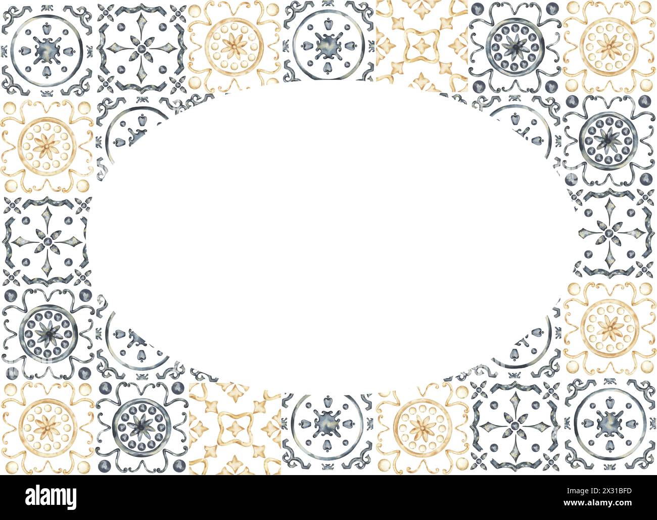 Watercolor tiles frame illustration in yellow and blue colors Stock ...