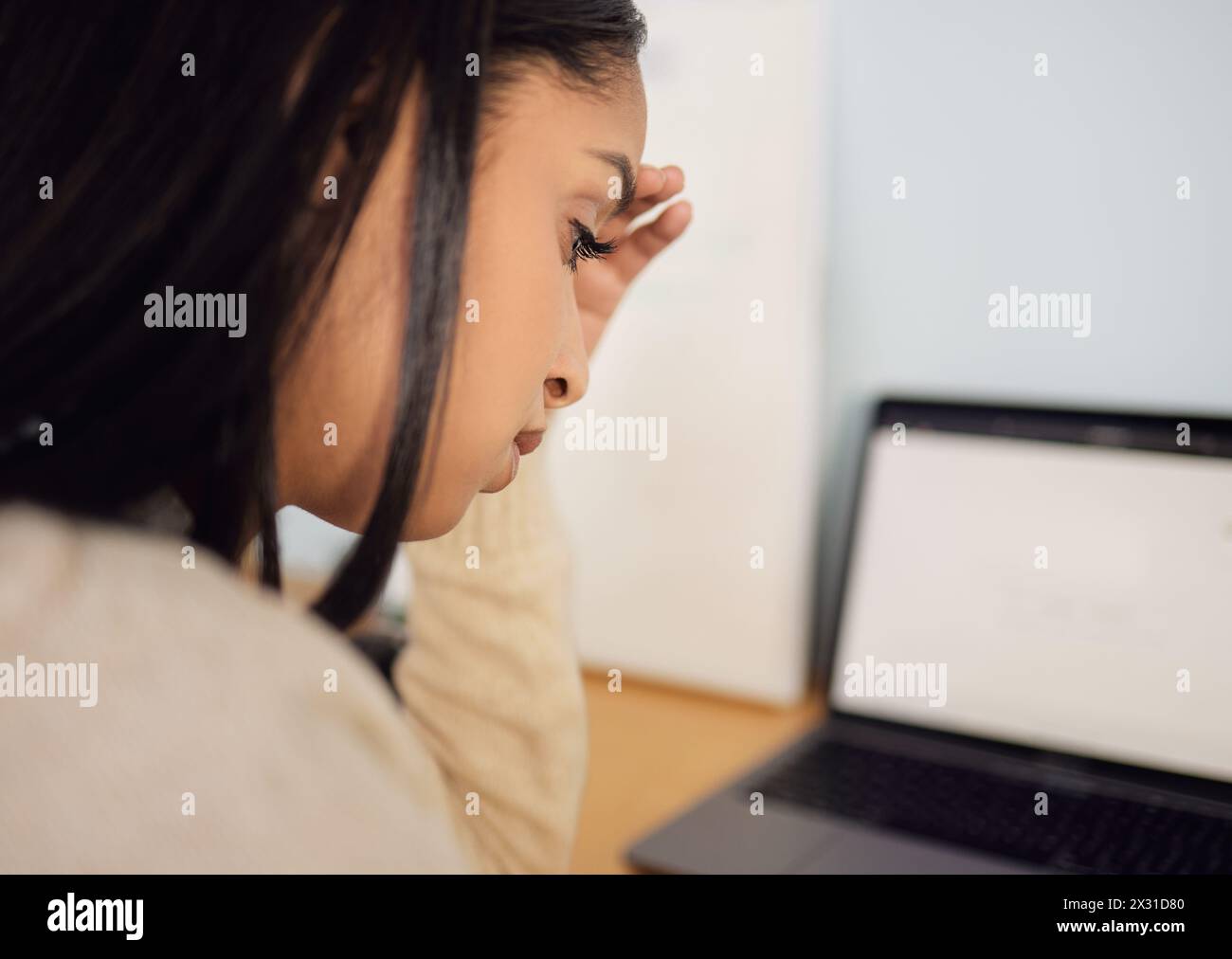 College student, headache or girl on laptop in home with stress for ...