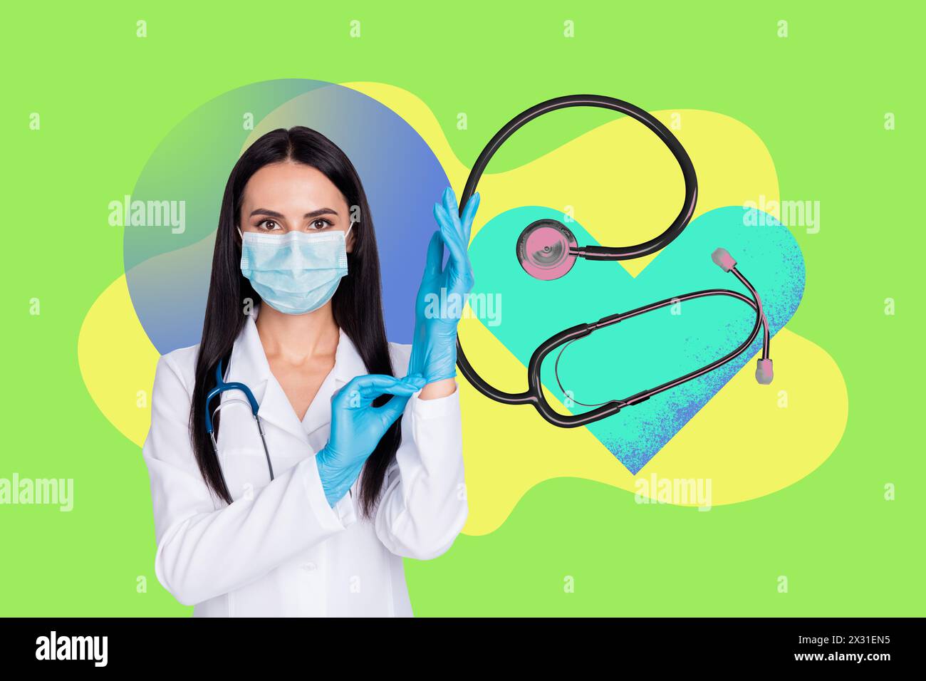 Composite photo collage of serious girl doc put gloves mask prevention ...