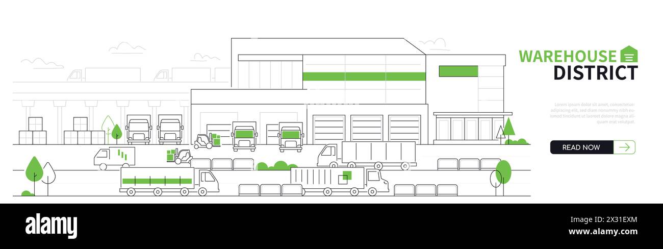 Warehouse district - modern thin line design style vector banner Stock ...