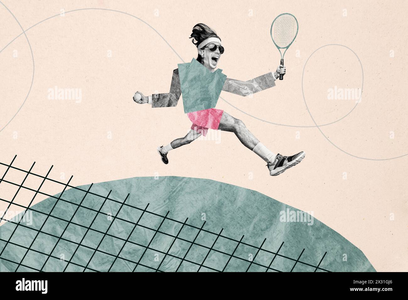 Creative collage image picture young happy energetic man coach tennis ...