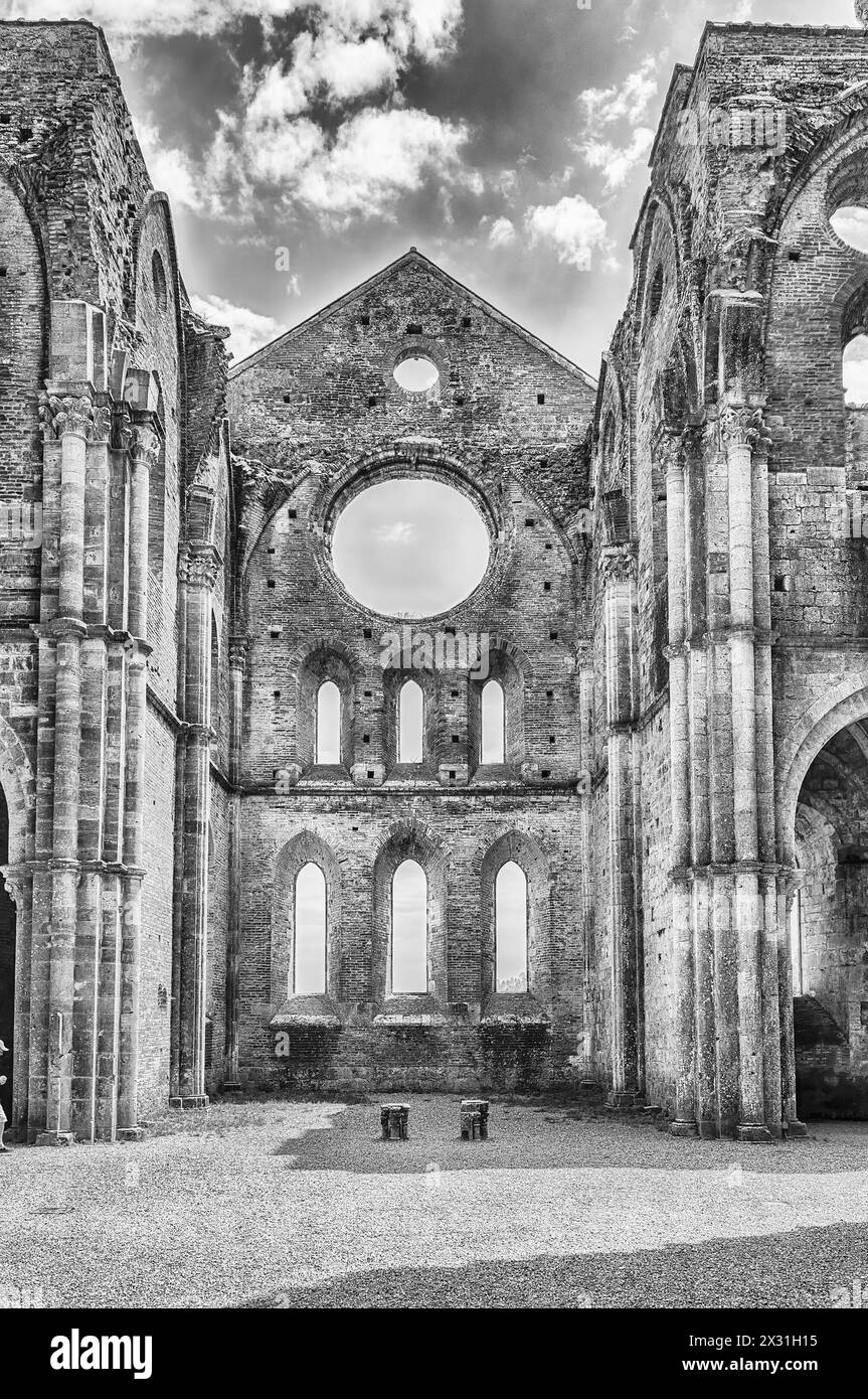 CHIUSDINO, ITALY - JUNE 22: Interior view of the iconic roofless Abbey ...