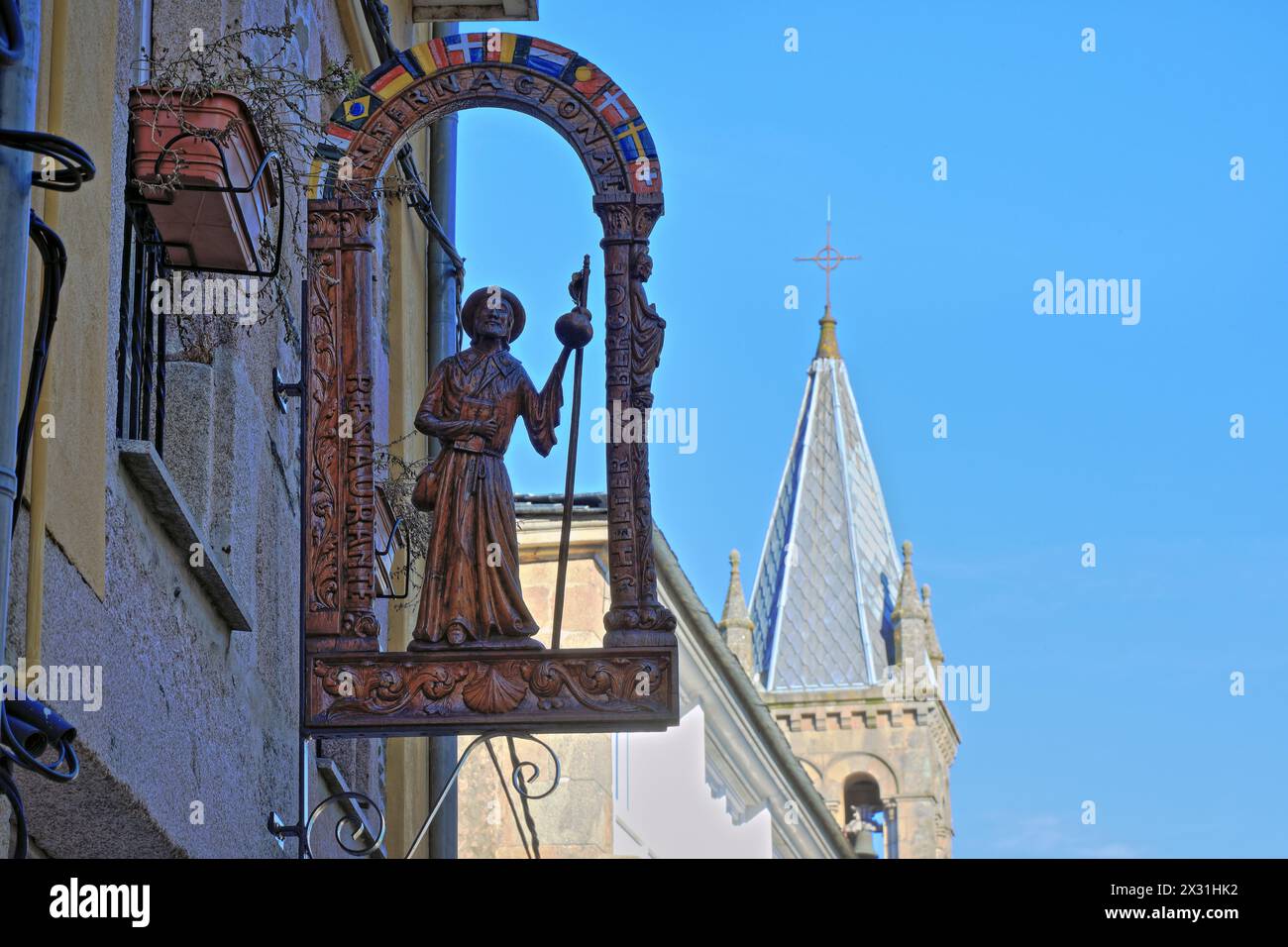 geography / travel, Spain, Lugo, Sarria, sign of a hostel and Iglesia ...