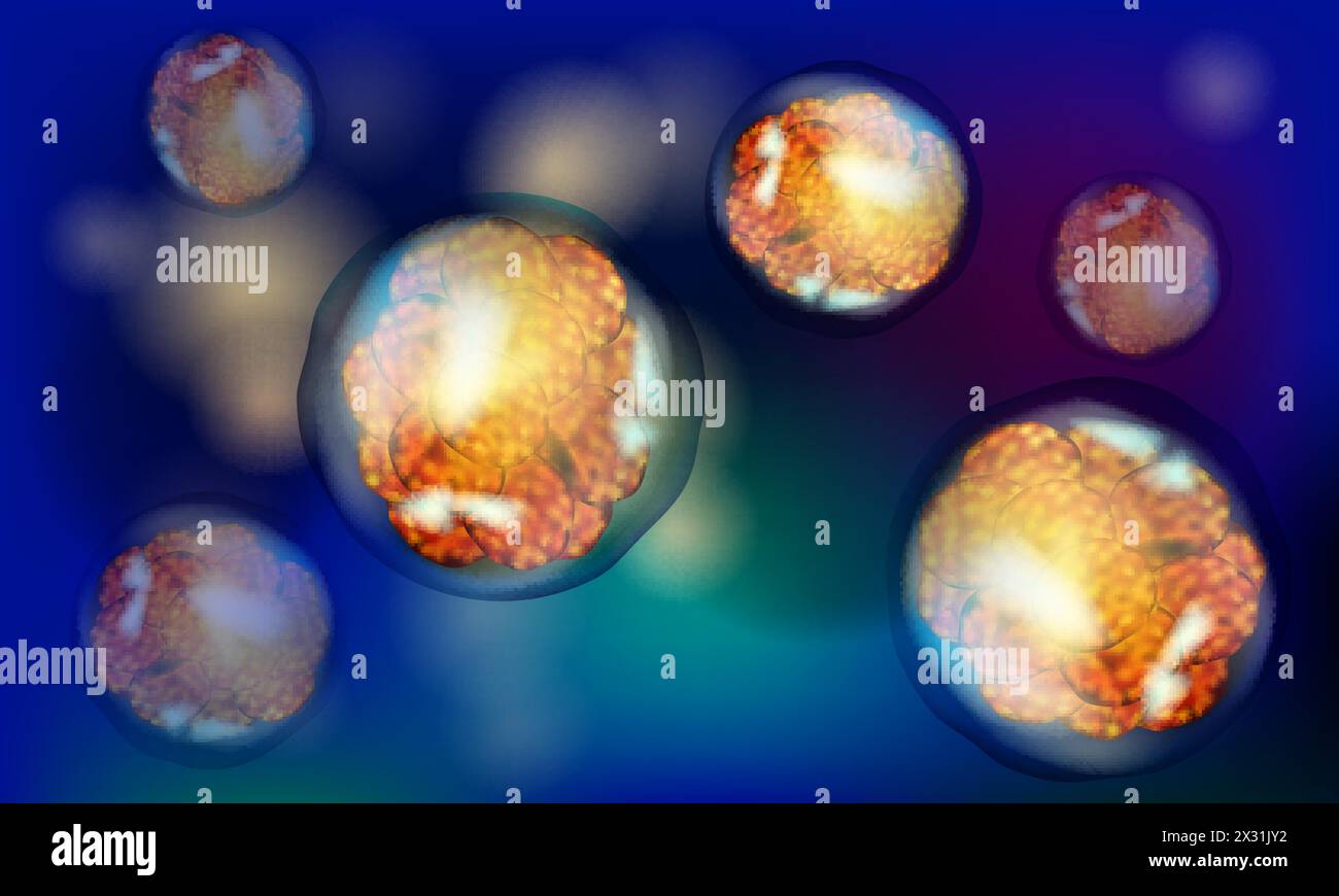 Cell stem science banner isolated on blue background. Vector medical microscopic molecular ...