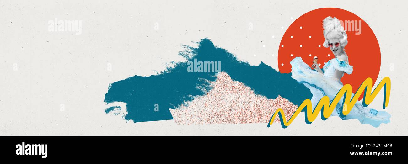 Banner. Young woman dressed as medieval person eating ice-cream against ...