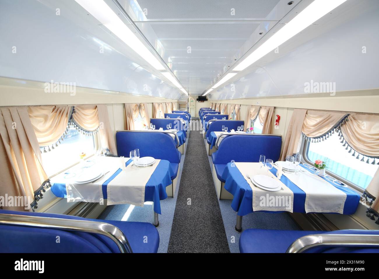 TVER - JUN 05: Served tables in the restaurant in the train, on June 05 ...