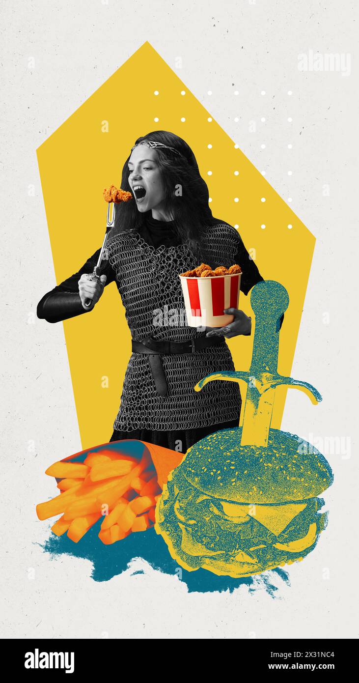 Poster. Woman, princess-knight, in black and white filter eating modern ...