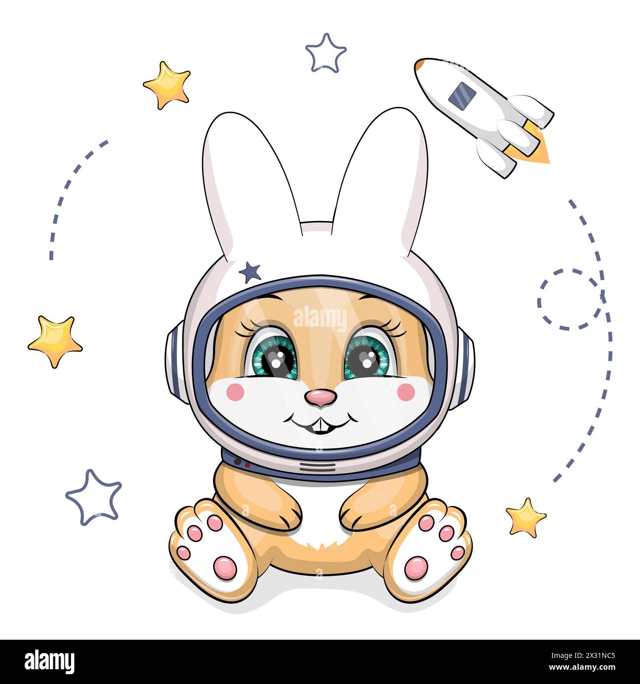 Cute cartoon rabbit astronaut wearing helmet. Space vector illustration isolated on white ...