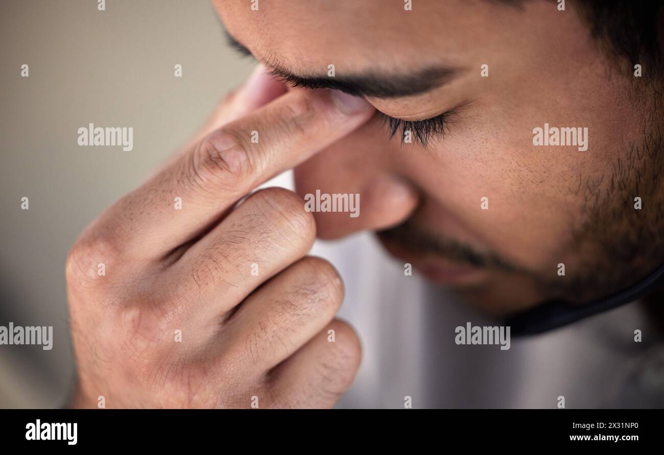 Man, nose and sinus pain with closeup for health, inflammation and ...