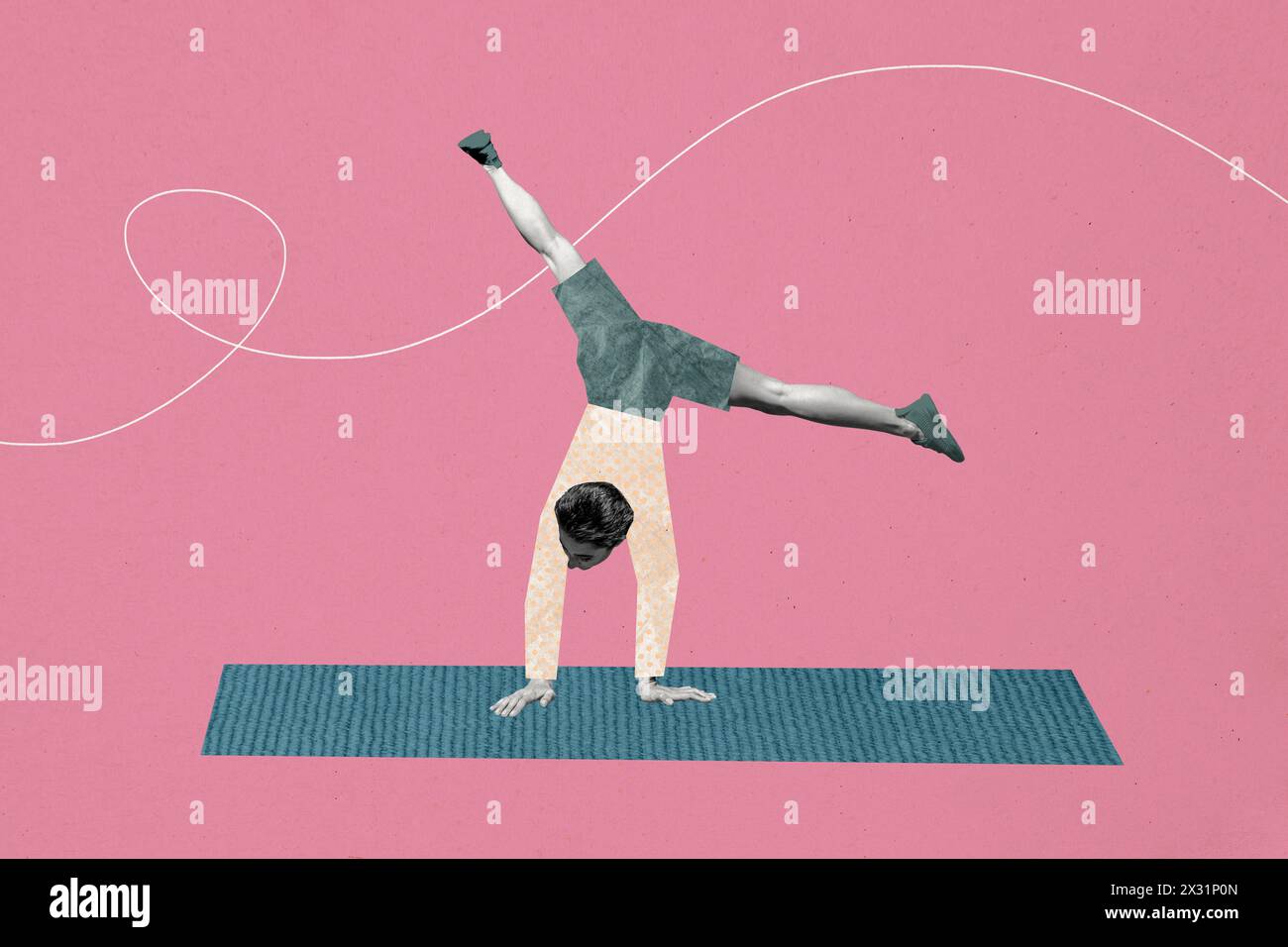 Creative picture collage young person do sport exercise gymnast pilate ...