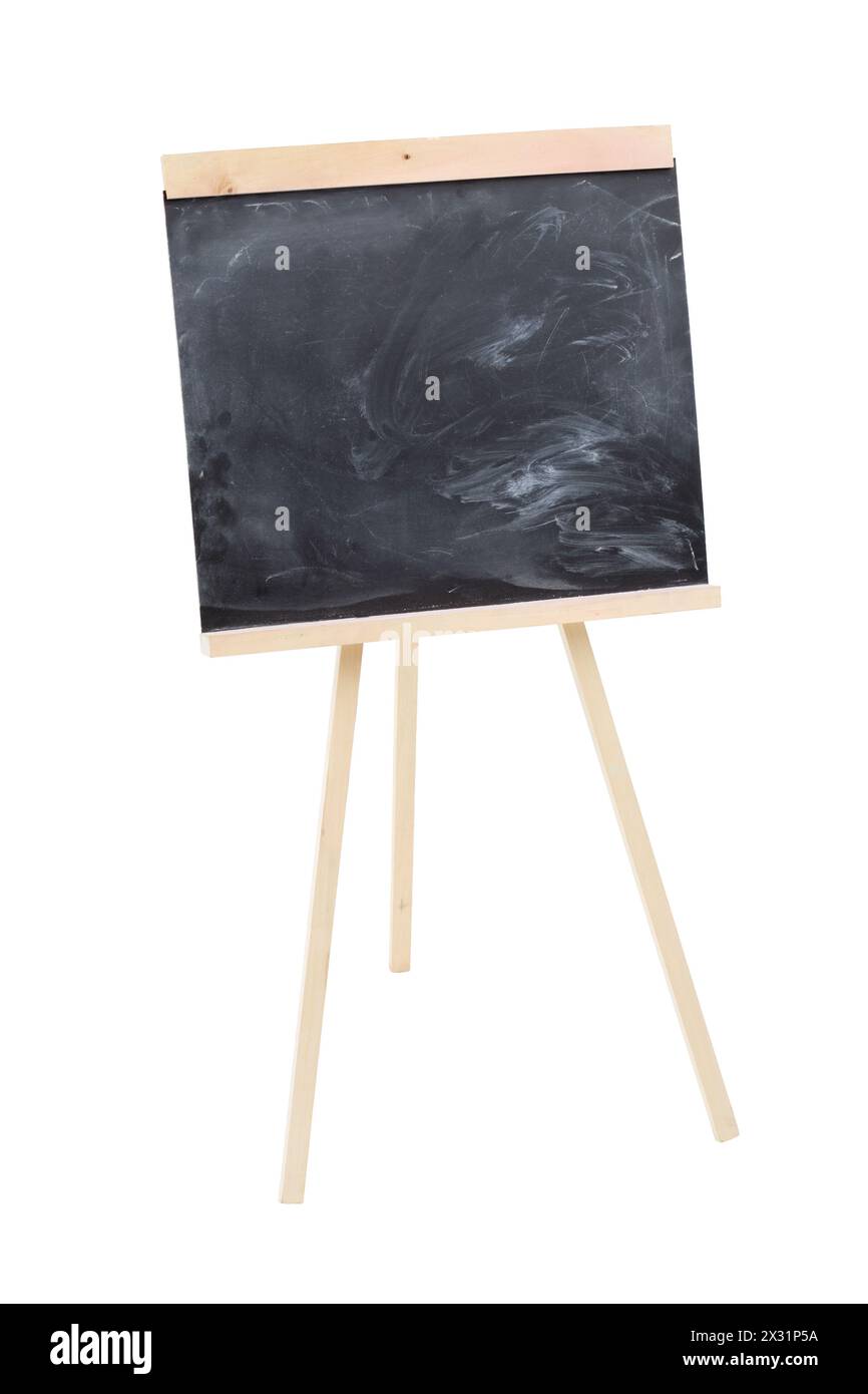 Blank black chalkboard with three legs isolated on white background ...