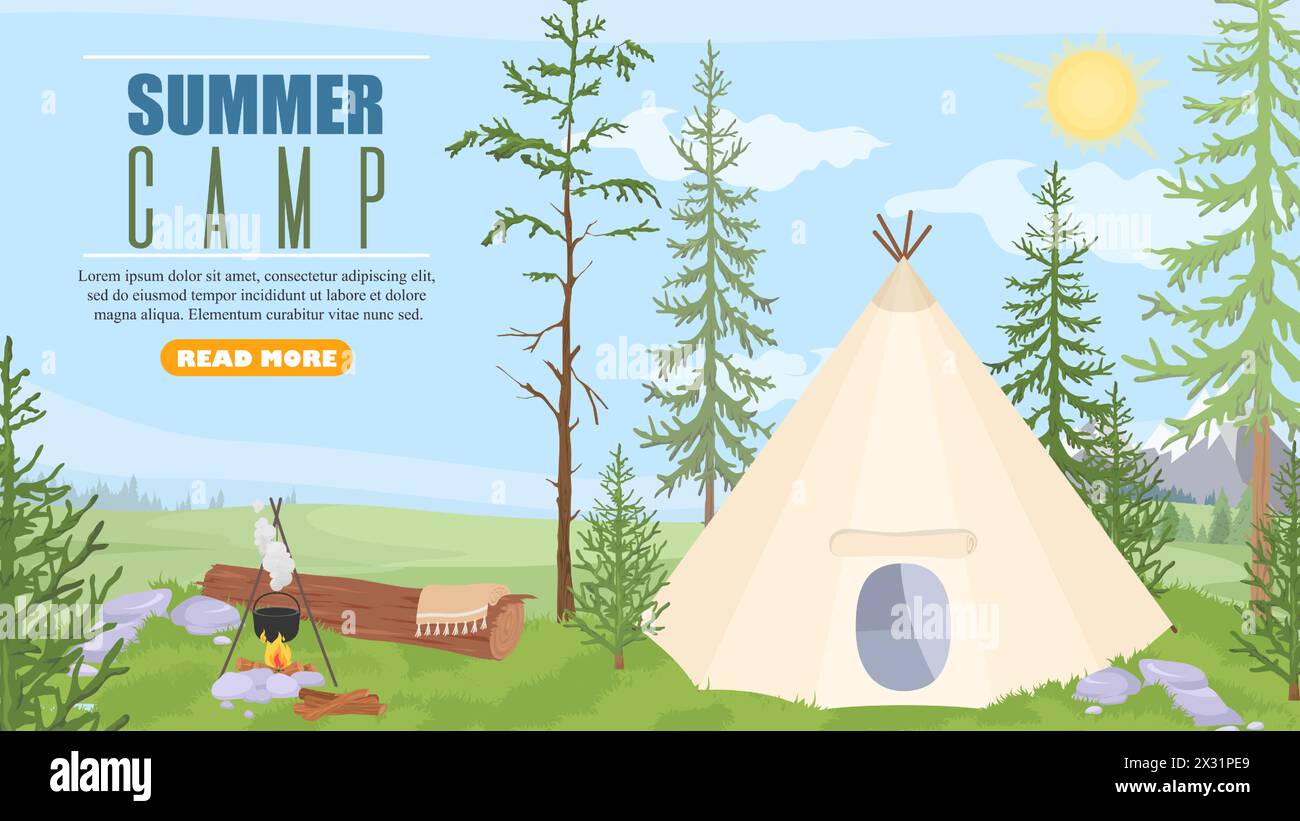 Summer camp website template with campsite background Stock Vector ...