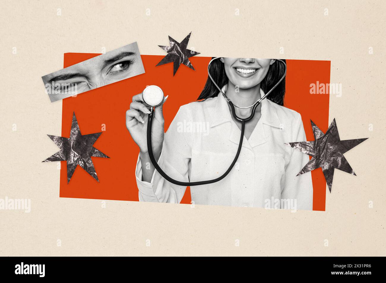 Composite photo collage of happy headless girl wink glasses listen ...