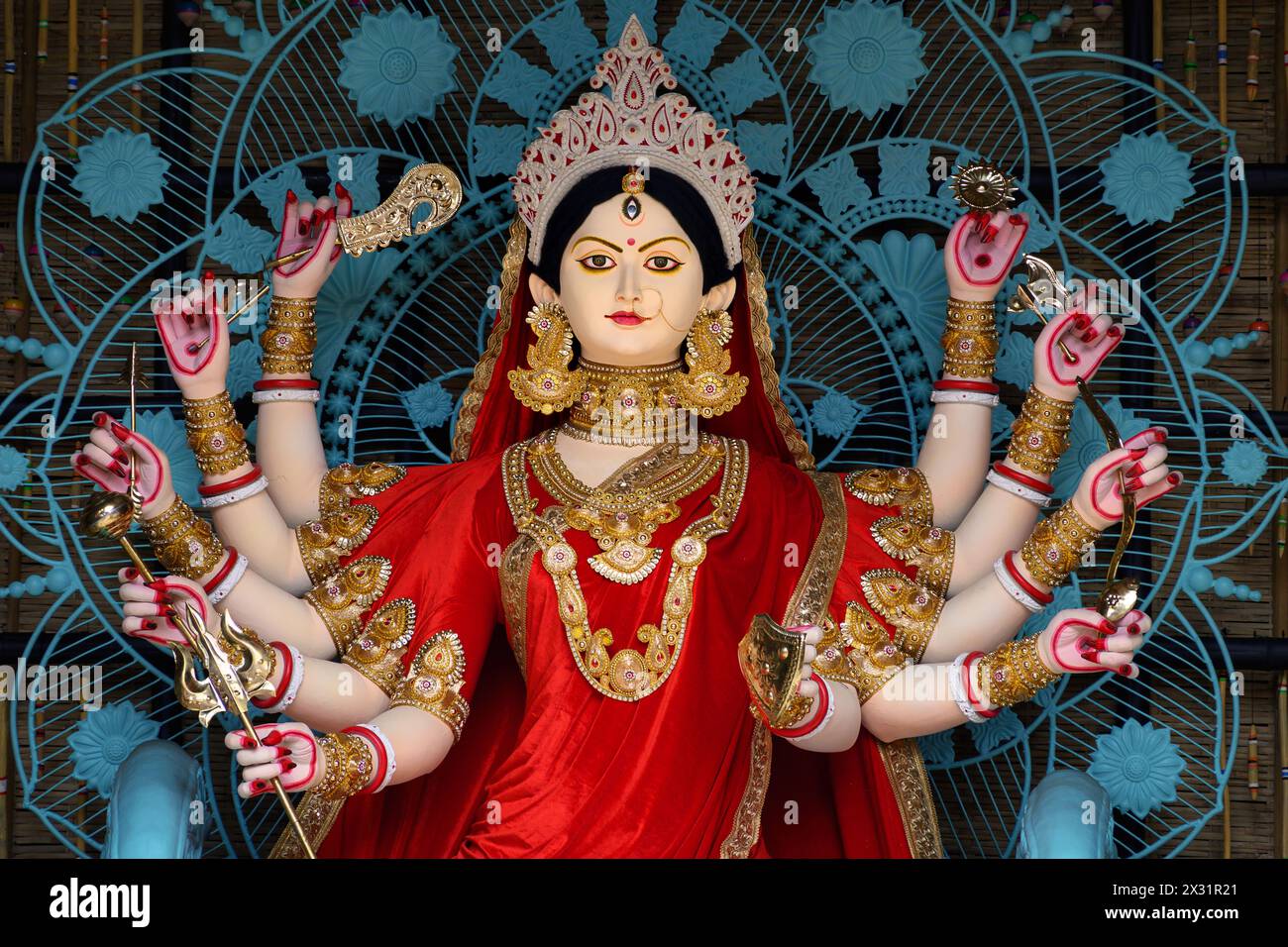 Idol of Goddess Devi Durga at a decorated puja pandal in Kolkata, West ...