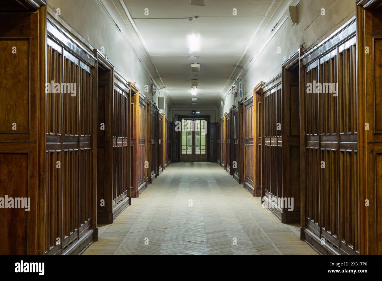 Corridor with wooden doors in the Faculty of Physics in Moscow State ...