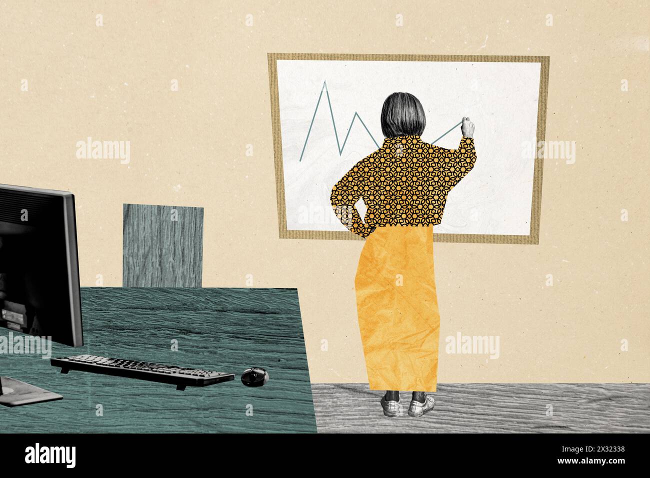 Creative collage image standing woman draw billboard desk economy stats ...