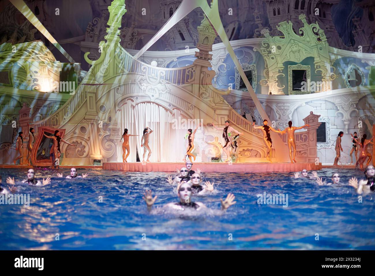 MOSCOW - JAN 8: Actors on stage and synchronized swimmers at Swimming ...