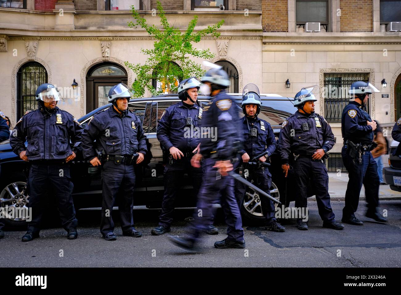 New York City, NY, USA. 23rd Apr, 2024. Police riot team stand by as ...
