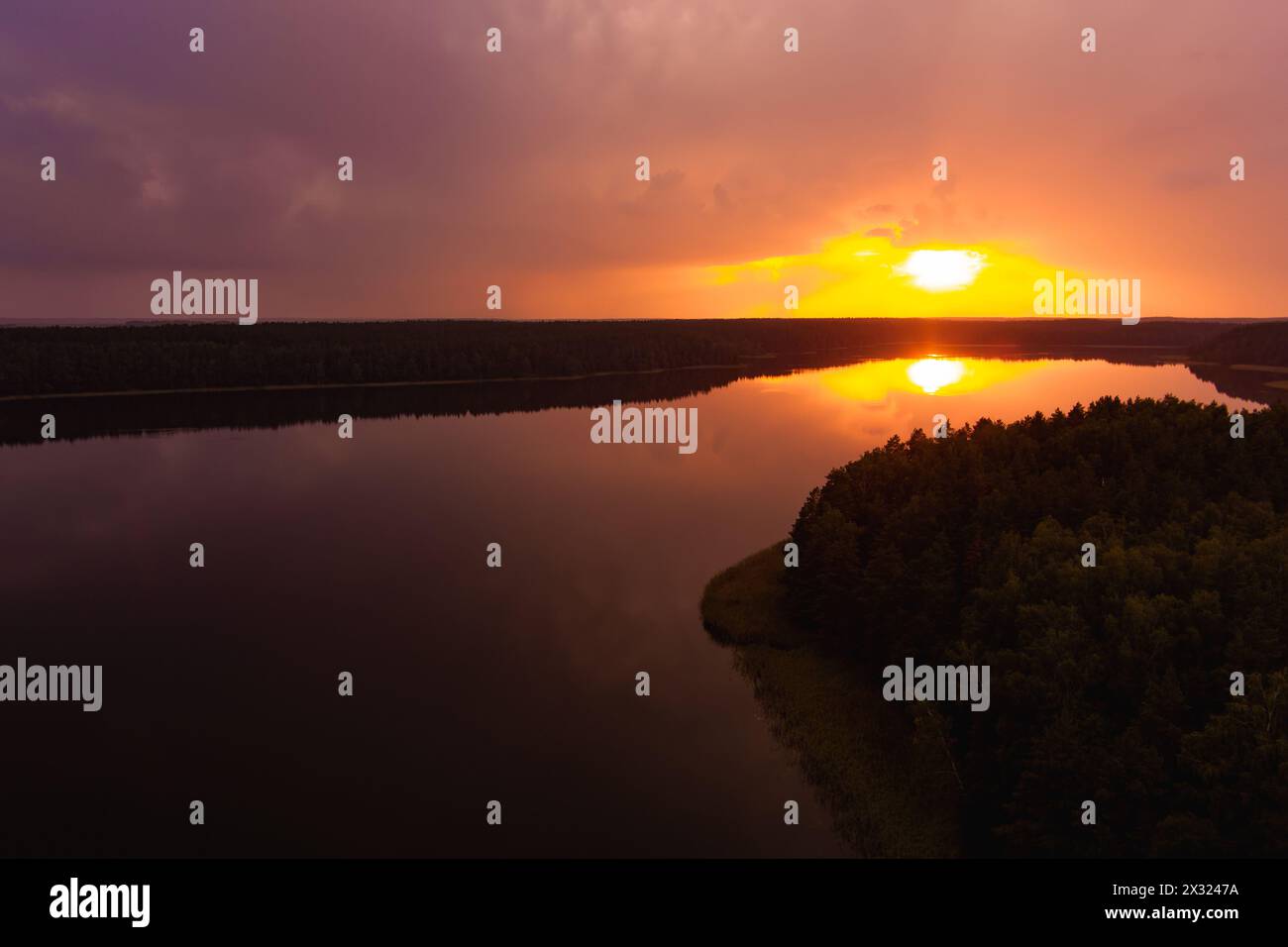 Beautiful sunset aerial view of lake Galve, one of most popular lakes ...