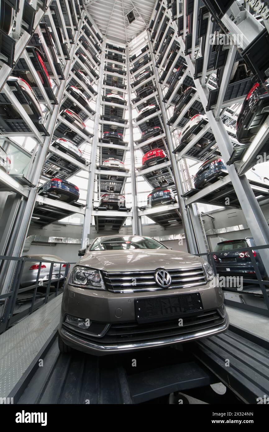 MOSCOW - JAN 11: Bottom view in the tower to store cars in Volkswagen ...