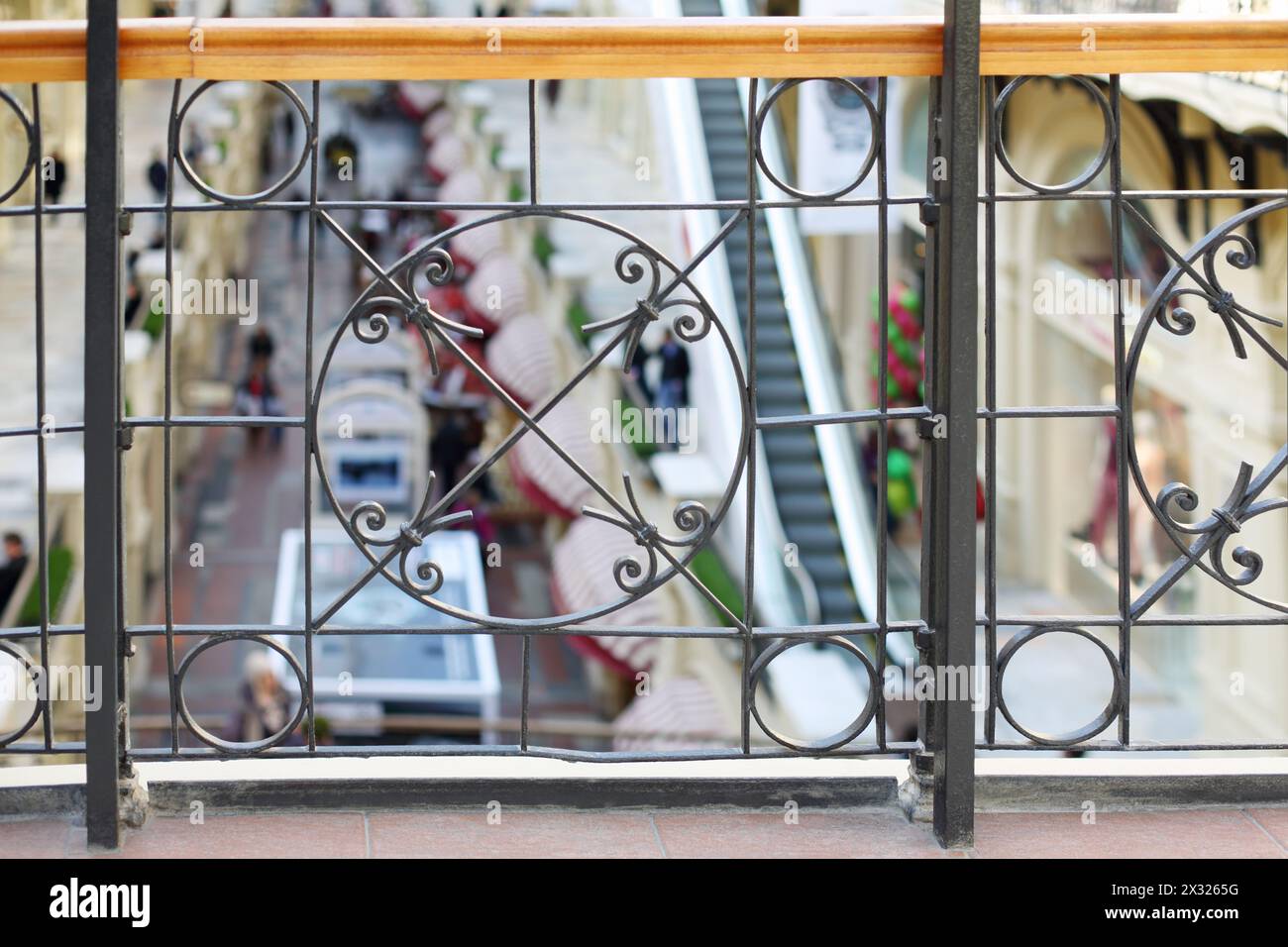 Beautiful wrought iron railings on balcony in large shopping mall Stock ...