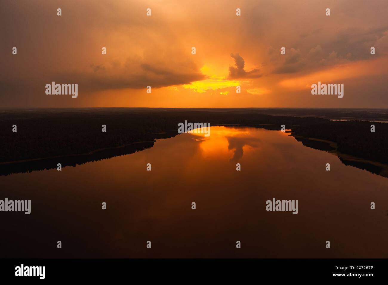 Beautiful sunset aerial view of lake Galve, one of most popular lakes ...
